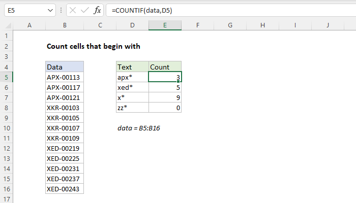 Excel Formula Count Cells That Begin With Exceljet Excel Formula Count Cells That Begin With Exceljet